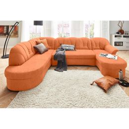 DOMO collection Wohnlandschaft &raquo;ELVA 293x180x84 cm, elegante R&uuml;ckensteppung, U-Form&laquo; whlw. mit Bettfunktion und Federkern orange (gepr&auml;gte) Luxus-