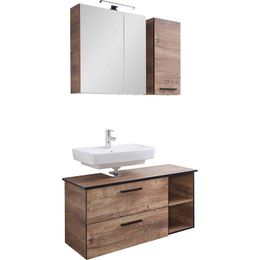 Badm&ouml;bel-Set &raquo;Quickset 374 3-teilig, Waschtischunterschrank mit LED-Spiegelschrank&laquo; 5 Stk. tlg. braun Holzwerkstoff B/H/T: 103cmcm x 200cmcm x 