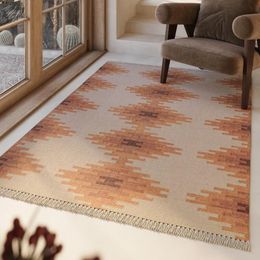 Wollteppich &raquo;Belle&laquo; rechteckig 5 mm H&ouml;he Fransen, Kelim, handgewebt, Natur, Wohnzimmer, Schlafzimmer, Raute beige Wolle B : 140cm 1 Stk., 5mm, L: 