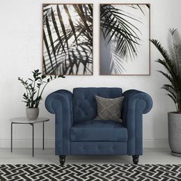 Chesterfield-Sessel &raquo;Felix&laquo; mit R&uuml;ckenlehne 3-fach verstellbar, Beine Massivholz, Sitzh&ouml;he 46 cm blau Veloursstoff 100% Polyester Veloursstoff, B/H/T: