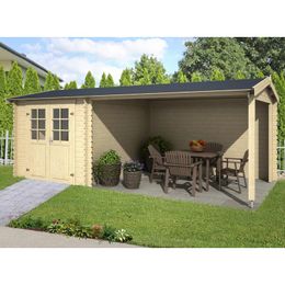 Lasita Maja Gartenhaus &raquo;Ivana&laquo; Blockbohlenhaus 28mm mit Anbau beige Massivholz ohne Fu&szlig;boden, R&uuml;ckwand, ohne Dacheindeckung