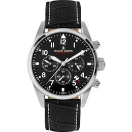 Jacques Lemans Herren Chronograph &raquo;Barcelona&laquo; Quarzuhr, Armbanduhr, Herrenuhr, Datum, Stoppfunktion, Lederarmband schwarz Einheitsgr&ouml;&szlig;e