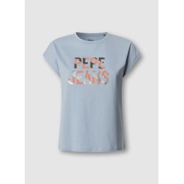 Pepe Jeans Damen T-Shirt "CATALINA", blau, Gr. S, bedruckt, Single Jersey, Obermaterial: 100% Baumwolle, Shirts, aus Baumwolle, Logoschriftzug