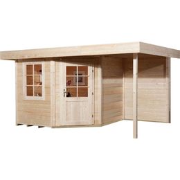 Weka Gartenhaus &raquo;Designhaus 213 Plus&laquo; mit Anbaudach und R&uuml;ckwand beige Massivholz Fu&szlig;boden im Gartenhaus, R&uuml;ckwand, ohne Dacheindeckung