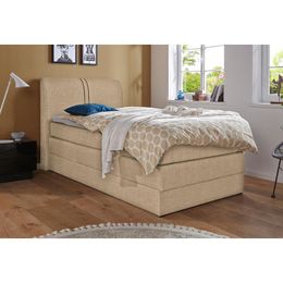 Hapo Boxspringbett mit Bettkasten beige Kopfteil, seitliche Unterbox und Obermatratze sind mit pflegeleichtem Feinstrukturstoff in Leinenoptik (100% 