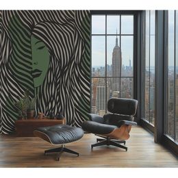 Livingwalls living walls Vliestapete &raquo;Fototapete Gesicht Grafik Schwarz Gr&uuml;n erweiterbar&laquo; 3D-Optik strukturiert beige Vlies B/L: 2,8m x 1,59m, Rollen: 1