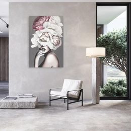 queence Acrylglasbild &raquo;Frau mit Pfingstrosen im Haar&laquo; Abstrakt Abstrakte Bilder von Frauen Blumen Blumenbilder Formen Gem&auml;lde Kunst 1 Stk. tlg. 