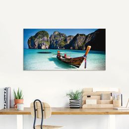 Artland Glasbild &raquo;Maya Bay, Koh Phi Phi Leh, Thailand&laquo; Boote & Schiffe 1 Stk. tlg. in verschiedenen Gr&ouml;&szlig;en blau B/H/T: 125cm x 50cm, Glasbild Boote & Schiffe,