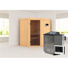 Karibu Sauna &raquo;&raquo;Liyah&laquo; naturbelassen, mit graphitfarbener T&uuml;r&laquo; Set, in verschiedenen Ausf&uuml;hrungen erh&auml;ltlich, 9 KW Ofen mit externe Strg beige Bio-Kombiofen, 