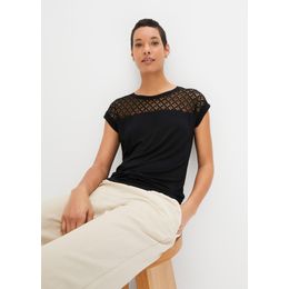 bonprix Damen T-Shirt "Shirt aus Viskose-Mix", schwarz, Gr. 52, Obermaterial: 95% Viskose, 5% Elasthan. Spitze: 80% Baumwolle, 20% Polyamid, Shirts,