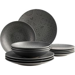 M&auml;ser M&Auml;SER Tafelservice &raquo;TRAD. TILES SCHWARZ, Geschirr Set, Steinzeug&laquo; Teller Set Steinzeug 12 Stk.