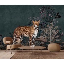 Livingwalls living walls Vliestapete &raquo;Leoparden-Tapete exotisch Dunkelgr&uuml;n Braun Floral&laquo; matt glatt bunt Vlies B/L: 2,7m x 4m, Rollen: 1