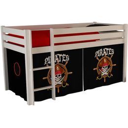 Vipack Hochbett &raquo;Pino, Kiefer massiv, Made in Europe, inkl. Rolllattenrost u. Leiter&laquo; umlaufender Absturzschutz, inkl. Textil-Set "Pirat", 3 Gestellfarben, 