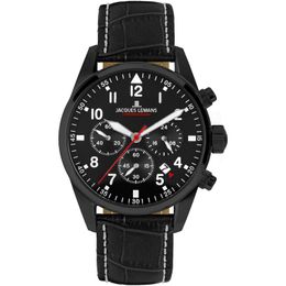 Jacques Lemans Herren Chronograph &raquo;Barcelona&laquo; Quarzuhr, Armbanduhr, Herrenuhr, Lederarmband, Stoppfunktion, Datum schwarz Einheitsgr&ouml;&szlig;e