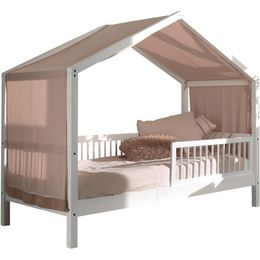 Vipack Hausbett &raquo;Forrest 90/200 aus massiver Buche, wei&szlig; mit Rausfallschutz vorne&laquo; inkl. Sprossenumrandung, m. Textilhimmel, mit und ohne Bettschublade wei&szlig; 
