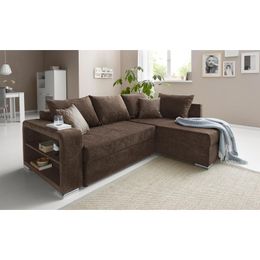 Collection AB Ecksofa &raquo;John L-Form, B: 226 cm&laquo; Schlaffunktion, Bettkasten, Regalelement & 2 Zierkissen, Federkern braun Microfaser PRIMABELLE (100% 