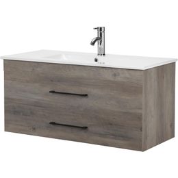 Welltime Waschtisch &raquo;Florenz&laquo; Komplett-Set, Waschplatz mit 2 Ausz&uuml;gen und Softclose Breite 100cm grau MDF B/H/T: 100cm x 50cm x 46cm