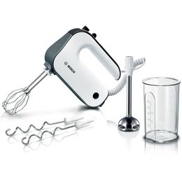 Bosch Handmixer &raquo;MFQ49700, Edelst. R&uuml;hrbesen/Knethaken, Spiralkabel, Mixfu&szlig;, wei&szlig;/grau&laquo; 850 W st&auml;rkster Motor, 5 Stufen, Turbotaste, Becher, Made in 