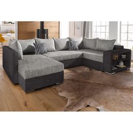 Collection AB Wohnlandschaft &raquo;John U-Form, B: 294 cm&laquo; Schlaffunktion, Bettkasten, Regalelement & 2 Zierkissen, Federkern schwarz Kunstleder SOFTLUX / 