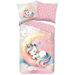 Good Morning Kinderbettw&auml;sche &raquo;Molly&laquo; 2 Stk. Baumwolle, Renforc&eacute;, Wendeoptik, Kind, M&auml;dchen, Mond, Einhorn rosa Renforc&eacute;, Obermaterial: 100% Baumwolle