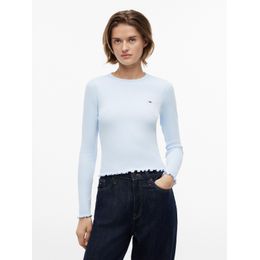 Tommy Jeans Damen Langarmshirt "TJW SLIM SH LETTUCE EDGE RIB LS", blau, Gr. S, unifarben, Single Jersey, Obermaterial: 95% Baumwolle, 5% Elasthan,