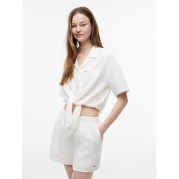 Tommy Jeans Damen Kurzarmbluse "TJW TEXTURED TIE FRONT SS SHIRT", wei&szlig;, Gr. XS, unifarben, Web, Obermaterial: 100% Baumwolle, Blusen, Baumwolle,