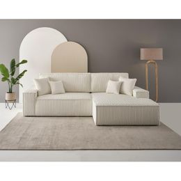 OTTO home Ecksofa &raquo;FINNLEY Cord, L-Form 257 cm, Schlafsofa&laquo; mit Bettkasten, in Boucl&eacute;, Struktur fein und Mega Cord beige Bezugstoff 100% PES !;