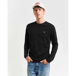 Gant Herren Langarmshirt "REG SHIELD LS T-SHIRT", schwarz, Basic, Gr. M, unifarben, Jersey, Obermaterial: 100% Baumwolle, Shirts, mit Logostickerei