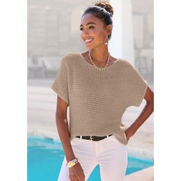 Lascana Damen Kurzarmpullover, gelb, Gr. 44, unifarben, Strick, Obermaterial: 100% Polyacryl, Pullover, in luftigem Ajourstrick, leichter