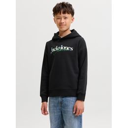 Jack & Jones Kinder Kapuzensweatshirt "JJTOM SWEAT HOOD SN JNR", schwarz, Gr. 128, JACK & JONES JUNIOR, bedruckt, angeraute Sweatware, Obermaterial: 60%