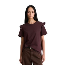 Marc O'Polo Damen T-Shirt "mit Popline-R&uuml;schen am Arm", braun, Basic, Gr. S, MARC O'POLO DENIM, unifarben, Obermaterial: 100% Baumwolle, Shirts