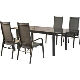 Merxx Garten-Essgruppe &raquo;&raquo;Alassio&laquo;&laquo; Set, 5 Stk. tlg. R&uuml;ckenlehne verstellbar durch Gasdruckfeder grau Aluminium, Kunststoff Auszugsplatte, ausziehbar