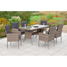 Merxx Garten-Essgruppe &raquo;Menorca&laquo; Set, 19 Stk. tlg. 6 Sessel, 6 Sitzkissen, 6 R&uuml;ckenkissen, Tisch braun Kunststoff, Polyester, Stahl Polyester