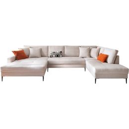 Trends by HG Wohnlandschaft &raquo;Summer&laquo; U-Form, B: 360cm in Cord & Struktur beige B/H/T: 360cm x 86cm x 195,5cm, Cord, Ottomane rechts Recamiere links, 
