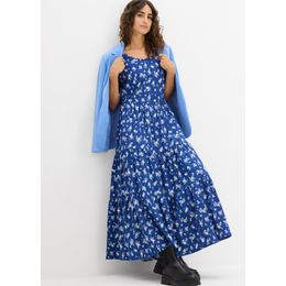 bonprix Damen Maxikleid, blau, Gr. 50, Obermaterial: 100% Baumwolle, Kleider, aus reiner Baumwolle, Loose Fit, Kurzarm-Design, mit Allover-Muster