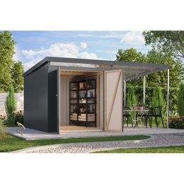 Karibu Ger&auml;tehaus &raquo;Argonium 2,5 SET mit Anbaudach&laquo; Made in Germany Metall Einheitsgr&ouml;&szlig;e