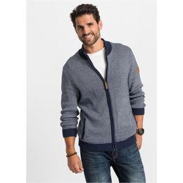 bonprix Herren Strickjacke, blau, Gr. 64, kontrastfarbene Details, unifarben, Strick, Obermaterial: 100% Baumwolle, Strickjacken, mit Stehkragen,