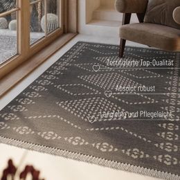 Wollteppich &raquo;Belmont&laquo; rechteckig 5 mm H&ouml;he Fransen, Kelim, handgewebt, Natur, Wohnzimmer, Schlafzimmer, Raute grau Wolle B : 140cm 1 Stk., 5mm, L: 