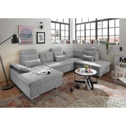 ED EXCITING DESIGN Wohnlandschaft &raquo;Jakarta U-Form mit Bettfunktion, Bettkasten&laquo; Armteilverstellung, Kopfst&uuml;tzen & 3 Nierenkissen grau 92% Polyester, 8