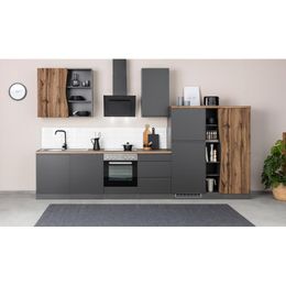KOCHSTATION K&uuml;chenzeile &raquo;KS-Bruneck&laquo; 380cm breit, wahlweise mit oder ohne E-Ger&auml;te, hochwertige MDF-Fronten grau B/H/T: 380cm x 200cm x 60cm, ohne E-