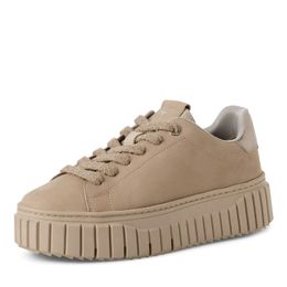 Tamaris Damen Plateausneaker, Gr. 41, beige, Leder, unifarben mit Farbeinsatz, Schuhe, Freizeitschuh, Halbschuh, Schn&uuml;rschuh mit Eye-Catcher Plateau