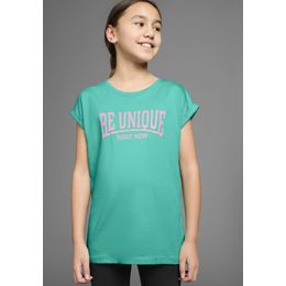 Kidsworld M&auml;dchen T-Shirt "Be unique - right now", blau, Gr. 128, bedruckt, Single Jersey, Obermaterial: 100% Baumwolle, Shirts, kurz&auml;rmelig,