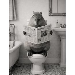 Bild &raquo;Wandbild CAPYBARA AUF WC 46x61 cm &ndash; Leinwandbild Keilrahmen Deko&laquo; Humor Tiere auf Keilrahmen gespannt schwarz-wei&szlig; Canvas, MDF B/H/T: 46cm x 