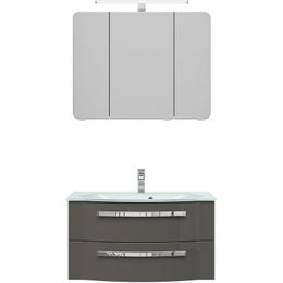 Badm&ouml;bel-Set &raquo;Serie 4005, vormontiert, Glaswaschbecken, Spiegelschrank&laquo; Set, 3 Stk. tlg. grau Holzwerkstoff B/H/T: 920cmcm x 2.000cmcm x 491cmcm