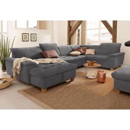 Home Affaire Wohnlandschaft &raquo;Lyla U-Form&laquo; wahlweise mit R&uuml;ckenfunktion und zus&auml;tzlich mit Bett + Bettkasten grau Feinstruktur weich (100% Polyester);