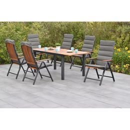 Merxx Garten-Essgruppe &raquo;&raquo;Athos&laquo;&laquo; Set, Inkl. Auflagen, 5-fach verstellbare R&uuml;ckenlehne, 7 Stk. tlg. Ausziehtisch: LxB: 150-200 x 90 cm beige Aluminium,