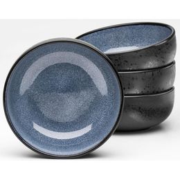 Schale &raquo;Mia&laquo; 4 Stk. aus Steingut reaktiv glasierte Innenseite, matte schwarze Glasur auf der Au&szlig;enseite blau Steingut &Oslash; 18cm