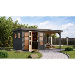 Karibu Gartenhaus &raquo;Langesee 3,5 mit Anbaudach&laquo; aus hochwertiger nordischer Fichte mit wasserabweisender Profilierung grau Holzwerkstoff ohne Fu&szlig;boden, ohne 