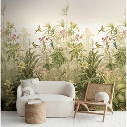 Livingwalls living walls Fototapete &raquo;The Wall 4 Flowers &ndash; V&ouml;gel und Wildpflanzen Vlies-Fototapete&laquo; botanisch floral matt leicht strukturiert V&ouml;gel und 