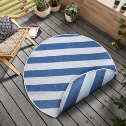 OTTO home Teppich &raquo;Alan Wendeteppich&laquo; rund 5 mm H&ouml;he Beidseitig nutzbar, Streifen, Scandi, wetterfest, f&uuml;r In- und Outdoor blau Kunstfaser &Oslash; 140cm 1 